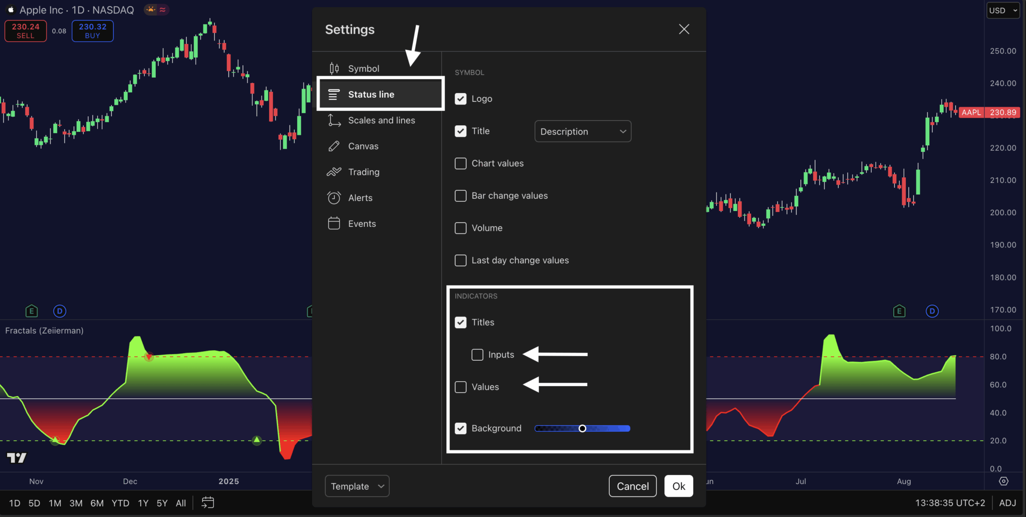 How to hide indicator labels and values on TradingView charts?